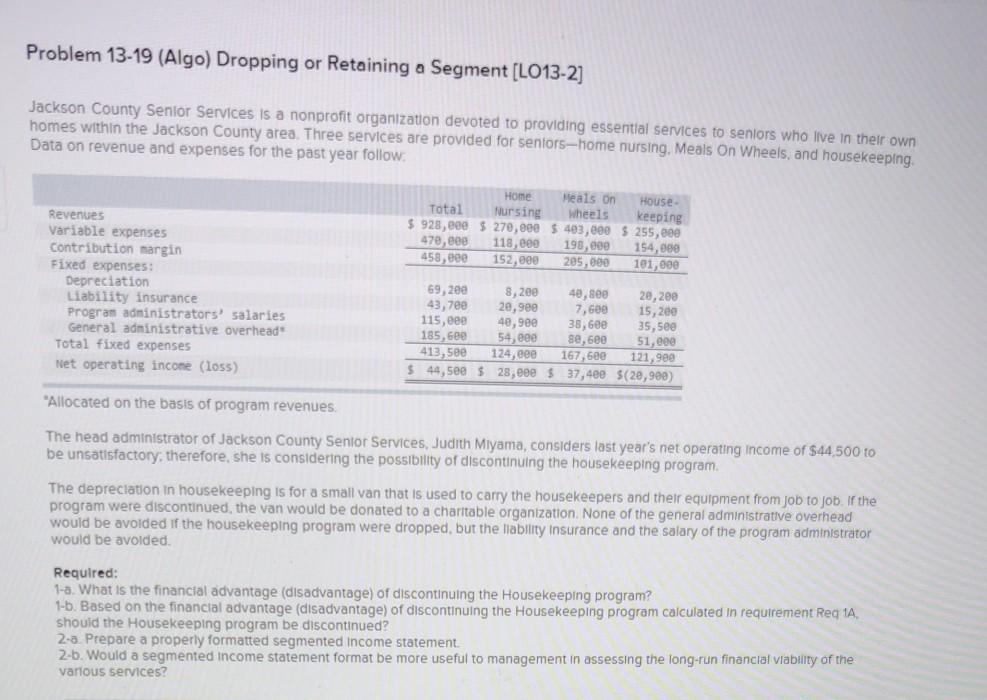 Solved Problem 13-19 (Algo) Dropping or Retaining a Segment | Chegg.com