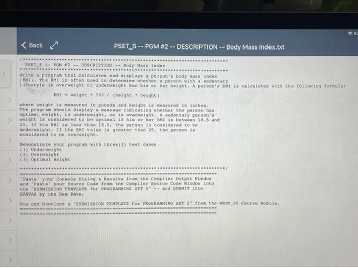 Solved Back PSET_5 -- PGM #2 DESCRIPTION -- Body Mass | Chegg.com