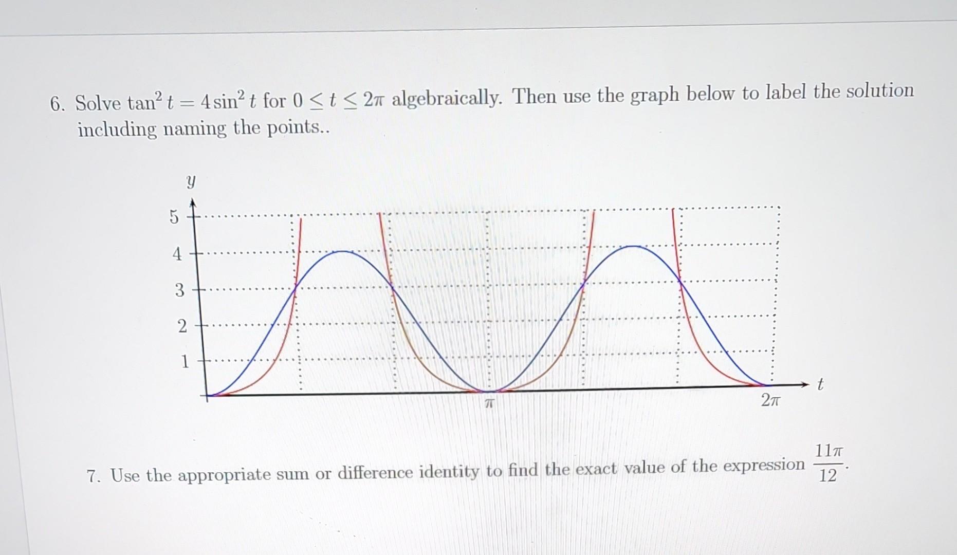 Solved 6. Solve tan2t=4sin2t for 0≤t≤2π algebraically. Then | Chegg.com