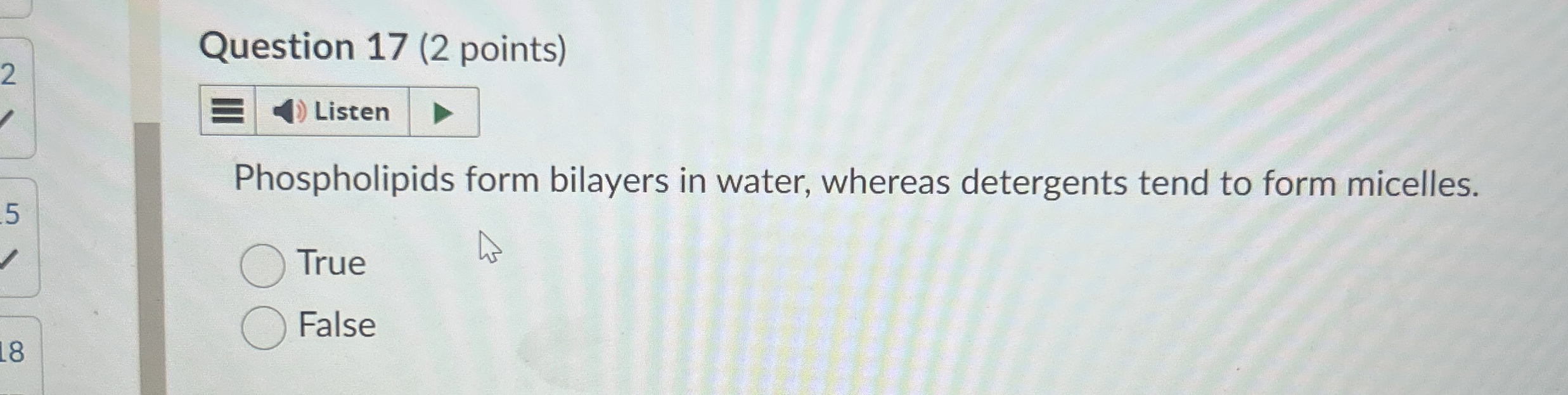 Solved Question 17 (2 points)Phospholipids form bilayers in | Chegg.com Solved Question 17 (2 points)Phospholipids form bilayers in | Chegg.com