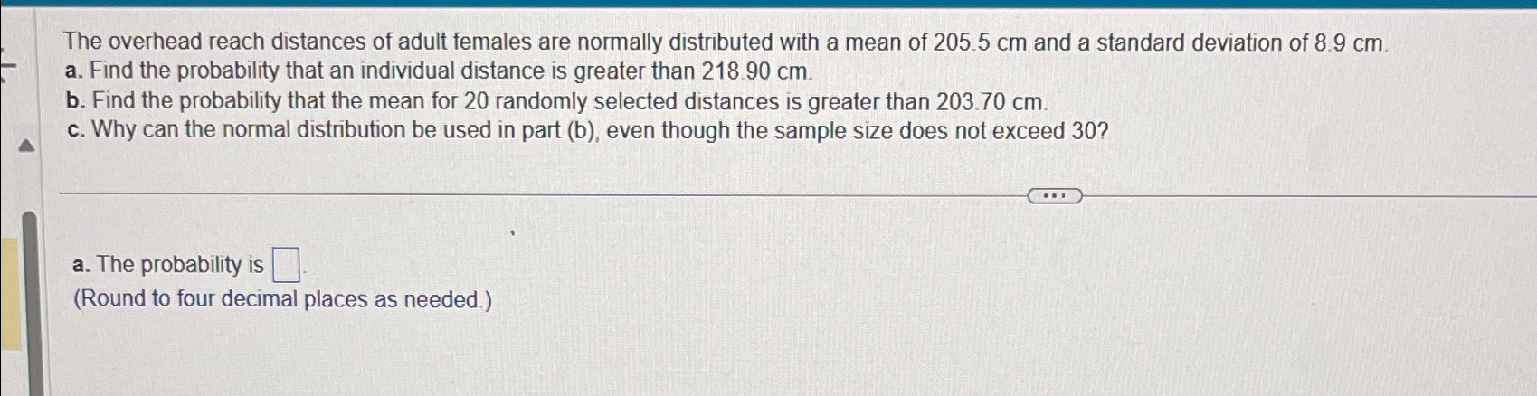 Solved The overhead reach distances of adult females are | Chegg.com