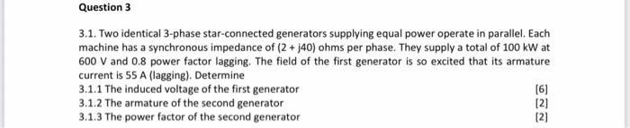 Solved 3.1. Two identical 3-phase star-connected generators | Chegg.com