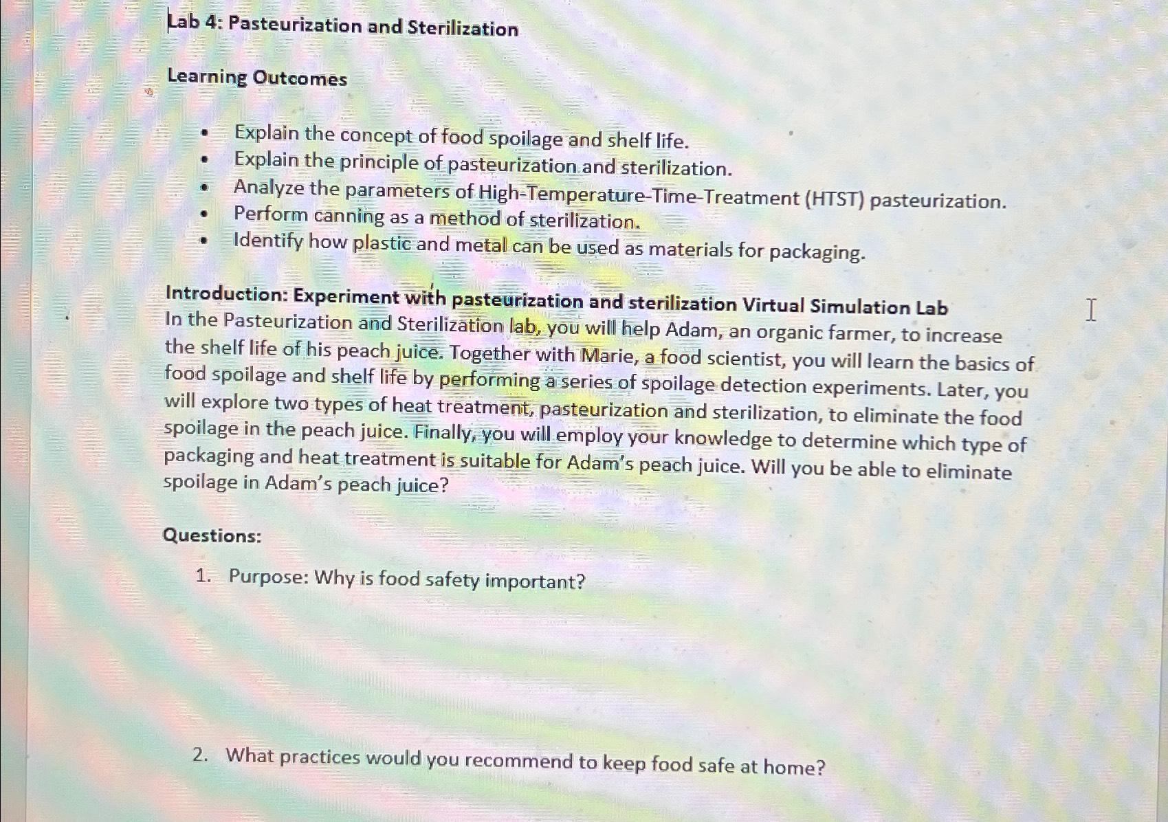 Solved Lab 4: Pasteurization and SterilizationLearning | Chegg.com