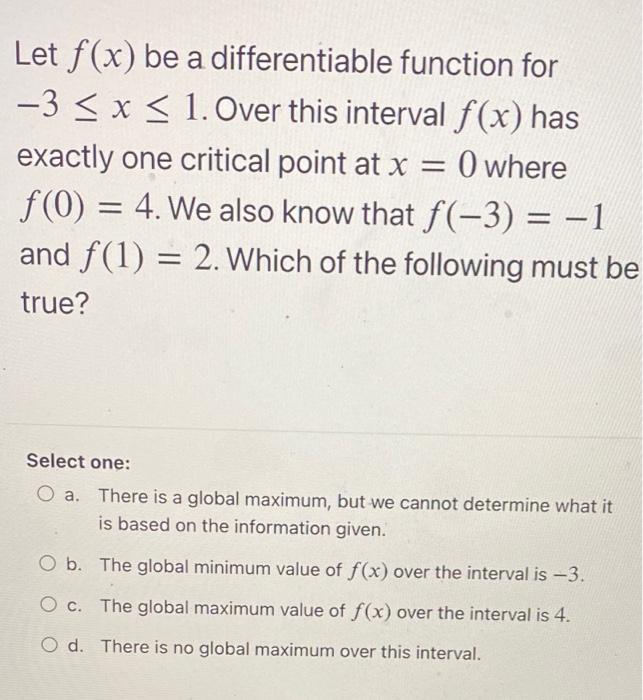 Solved Let f(x) be a differentiable function for −3≤x≤1. | Chegg.com