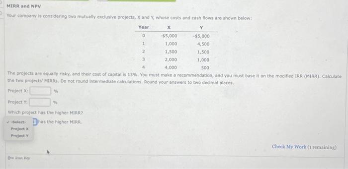 Solved MIRR and NPV Your company is considering two mutually | Chegg.com