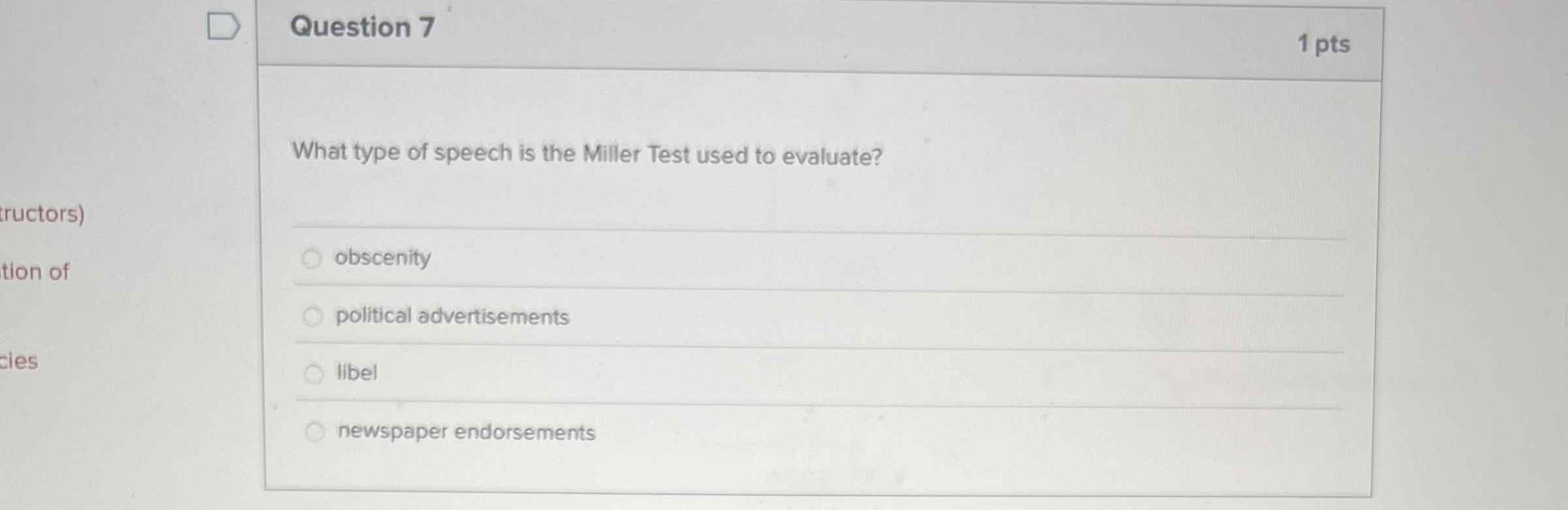 Solved Question 7What type of speech is the Miller Test used | Chegg.com