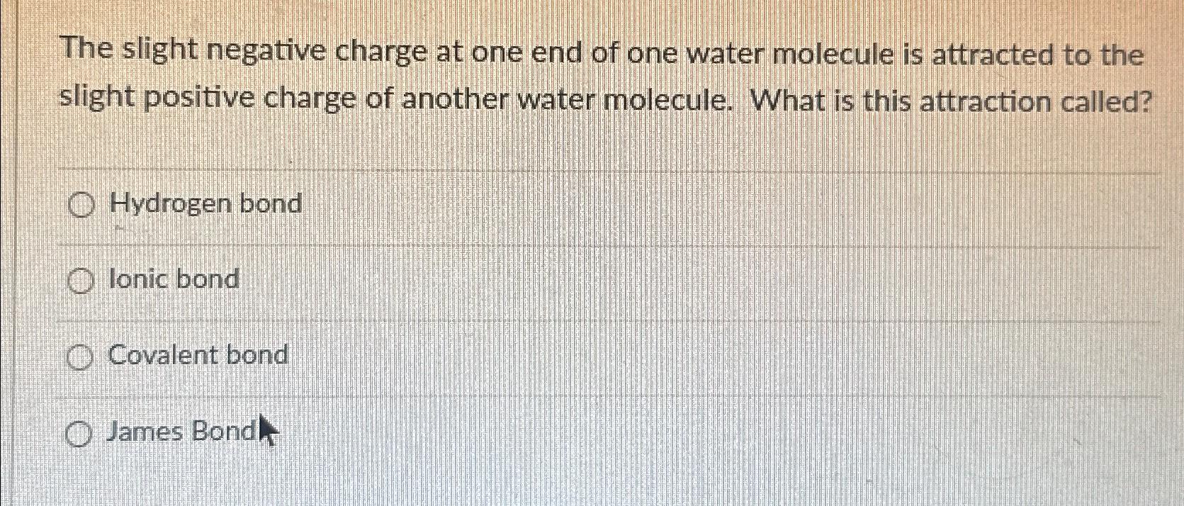 Solved The slight negative charge at one end of one water | Chegg.com
