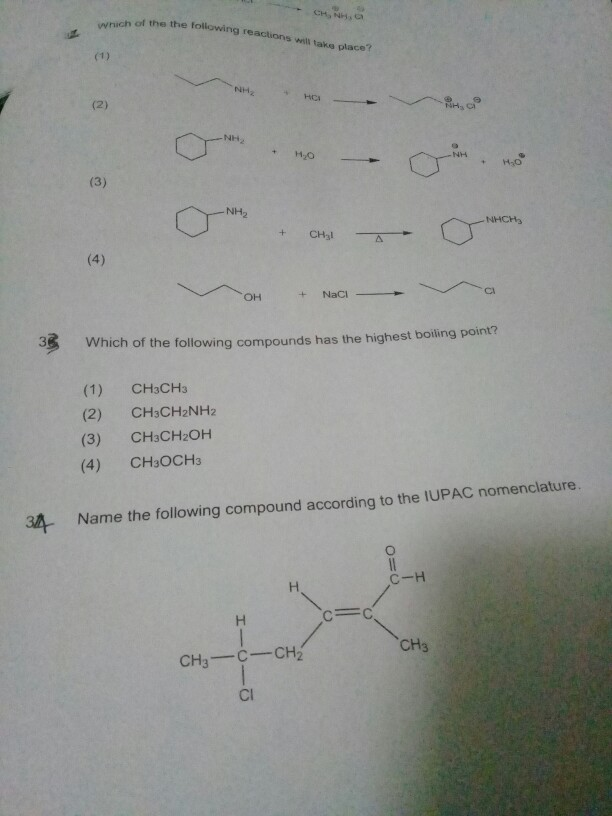 Solved Which of the the following reactions will take place? | Chegg.com