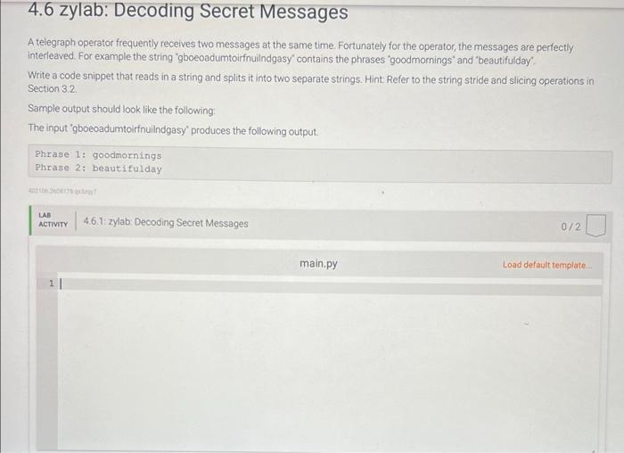 Solved 4.6 zylab: Decoding Secret Messages A telegraph | Chegg.com