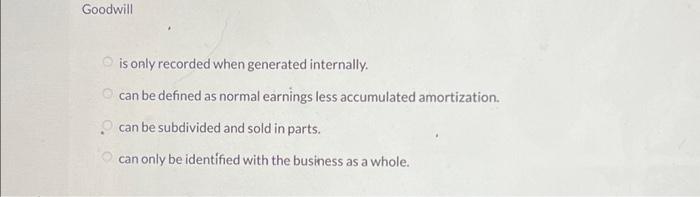 Solved Goodwill O is only recorded when generated | Chegg.com