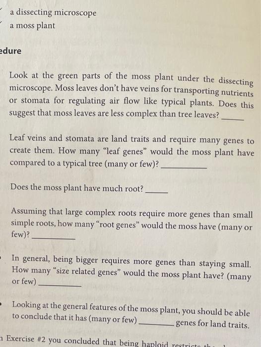 Solved a dissecting microscope a moss plant edure Look at | Chegg.com
