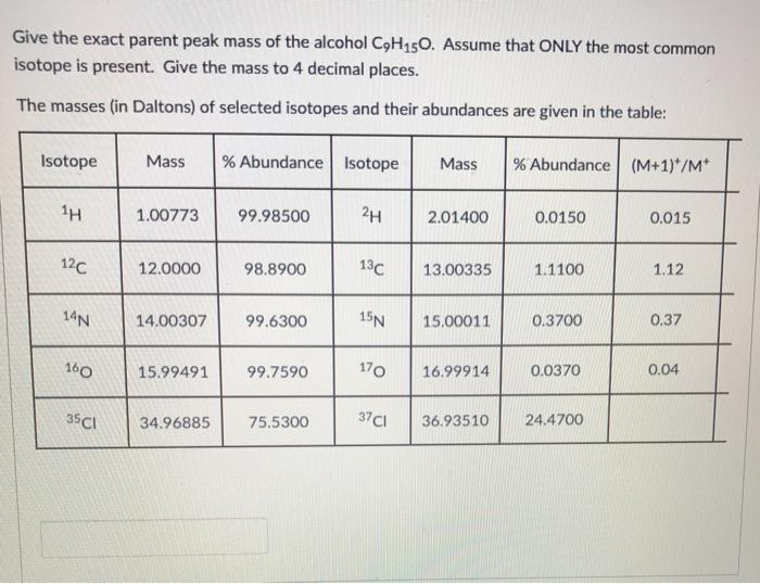 Solved Give the exact parent peak mass of the alcohol | Chegg.com