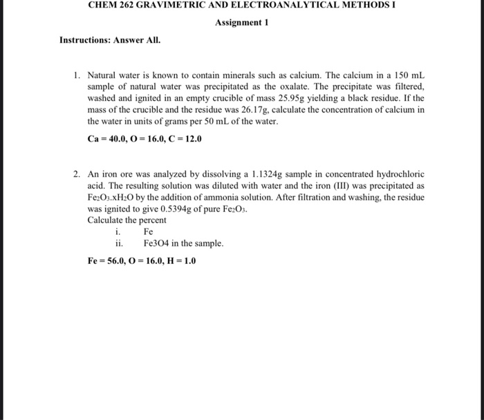 Solved CHEM 262 GRAVIMETRIC AND ELECTROANALYTICAL METHODS I | Chegg.com