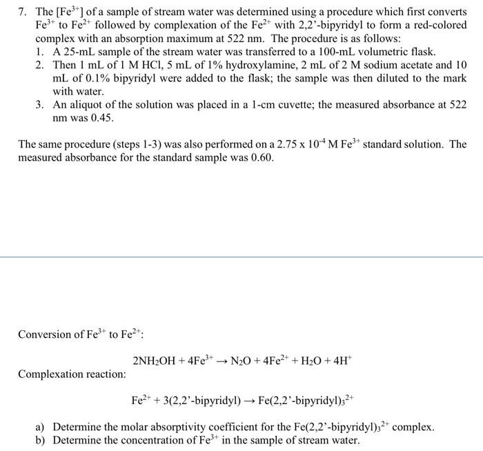 Solved 7. The [Fe³+] of a sample of stream water was | Chegg.com