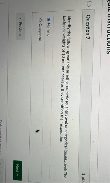 Solved Question 71 ﻿ptsIdentify the following variable as | Chegg.com