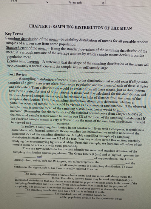 Solved Font Paragraph CHAPTER 9: SAMPLING DISTRIBUTION OF | Chegg.com