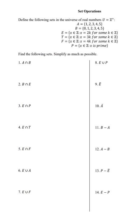 Solved Define the following sets in the universe of real | Chegg.com