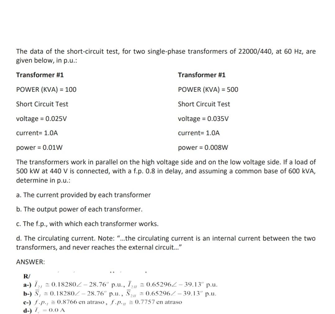 Solved The data of the short-circuit test, for two | Chegg.com