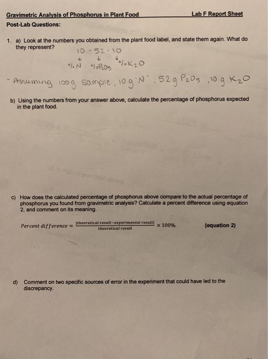 Solved Gravimetric Analysis of Phosphorus in Plant Food Lab | Chegg.com