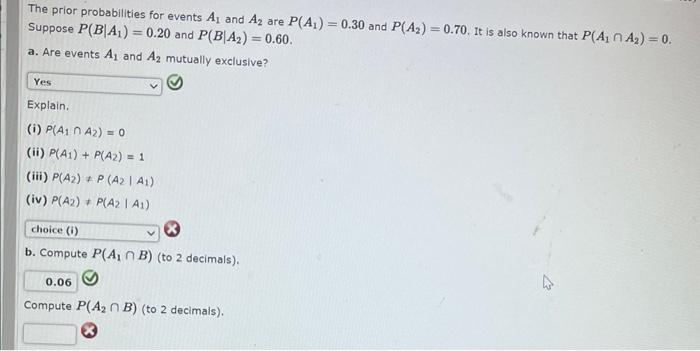 Solved The prior probabilities for events A1 and A2 are | Chegg.com