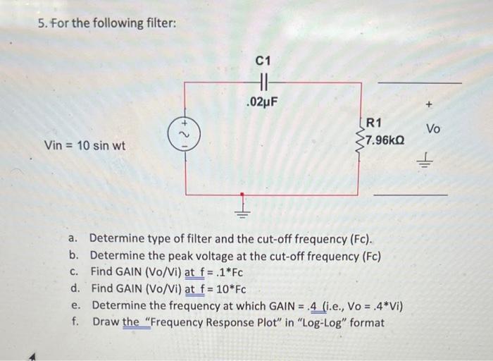 Solved 5. For the following filter: Vin =10sinwt a. | Chegg.com