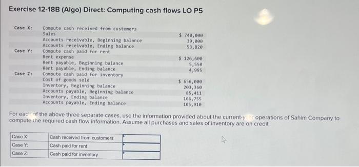 Solved Exercise 12-18B (Algo) Direct: Computing cash flows | Chegg.com