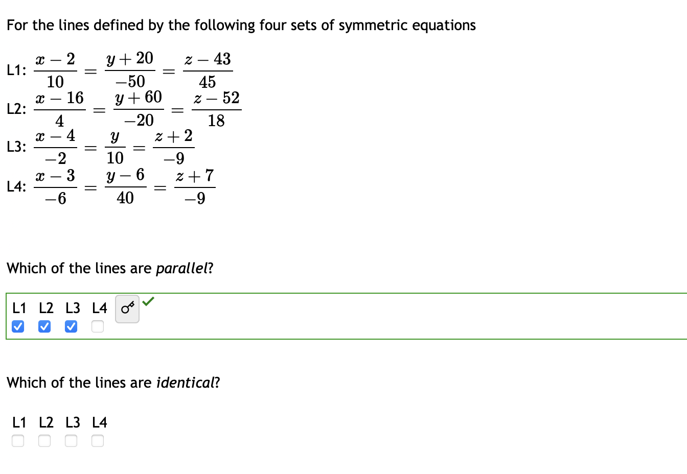 Solved For the lines defined by the following four sets of | Chegg.com