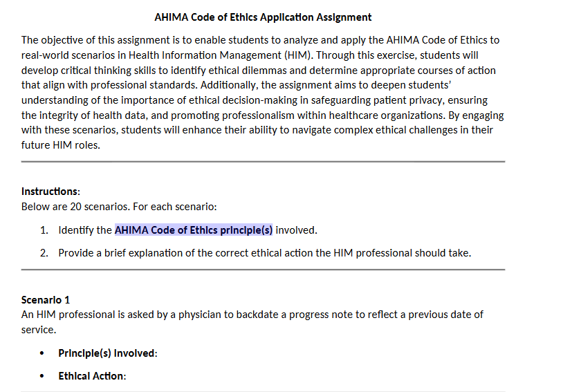 Solved AHIMA Code of Ethles Application AsslgnmentThe | Chegg.com Solved AHIMA Code of Ethles Application AsslgnmentThe | Chegg.com
