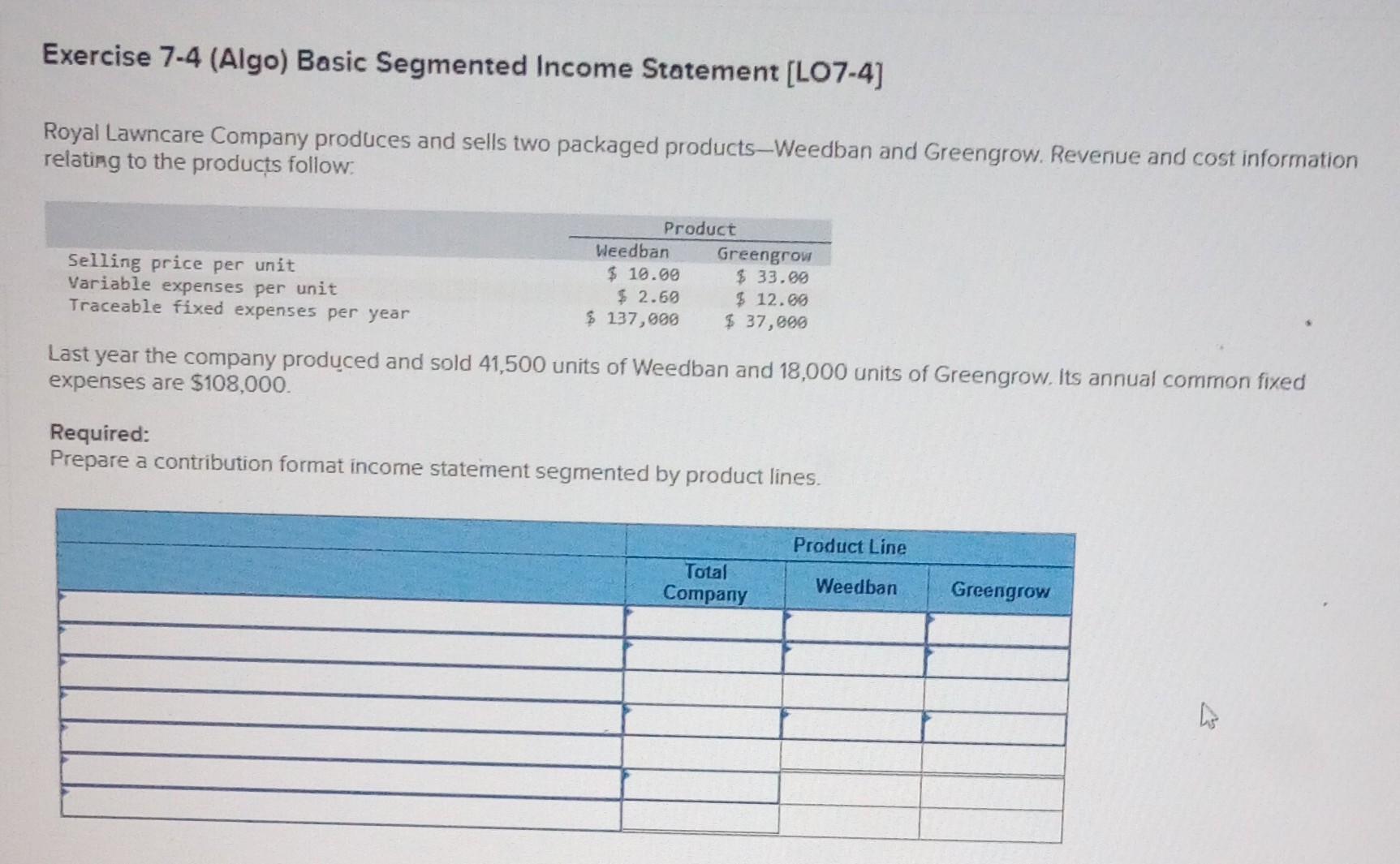 Solved Exercise 7-4 (Algo) Basic Segmented Income Statement | Chegg.com