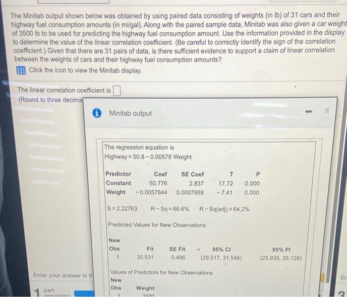Solved The Minitab output shown below was obtained by using | Chegg.com