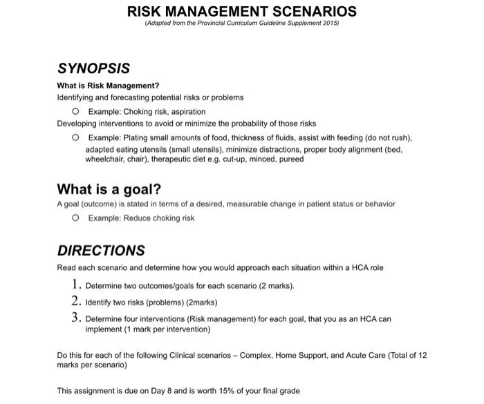 Solved RISK MANAGEMENT SCENARIOS (Adapted from the | Chegg.com