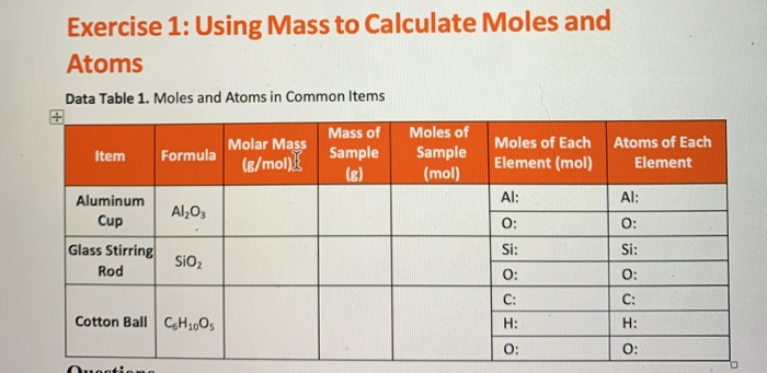 Exercise 1: Using Mass to Calculate Moles and Atoms | Chegg.com