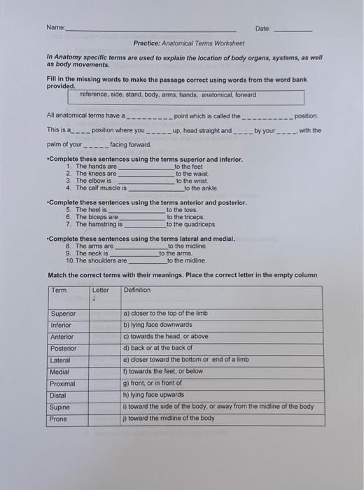 Solved as body movements. FIII in the missing words to make | Chegg.com