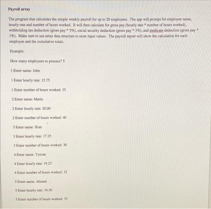 Solved Payroll array The program that calculates the simple | Chegg.com