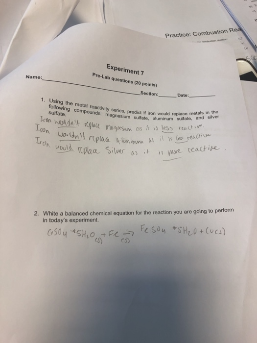 Solved Practice: Combustion Red Experiment 7 Pre-Lab | Chegg.com