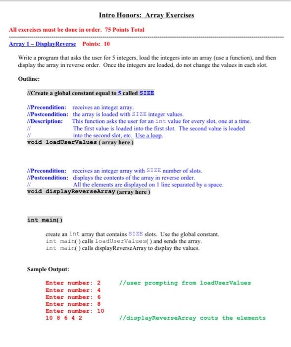 Solved Intro Honors: Array Exercises All exercises must be | Chegg.com