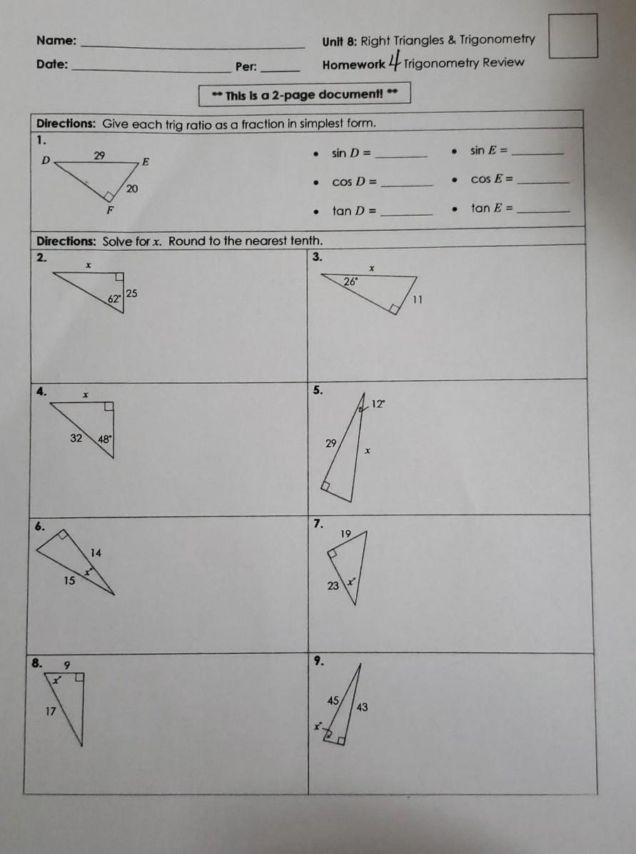 Unit 8 Test Right Triangles And Trigonometry Answer Key Unit 8 Right
