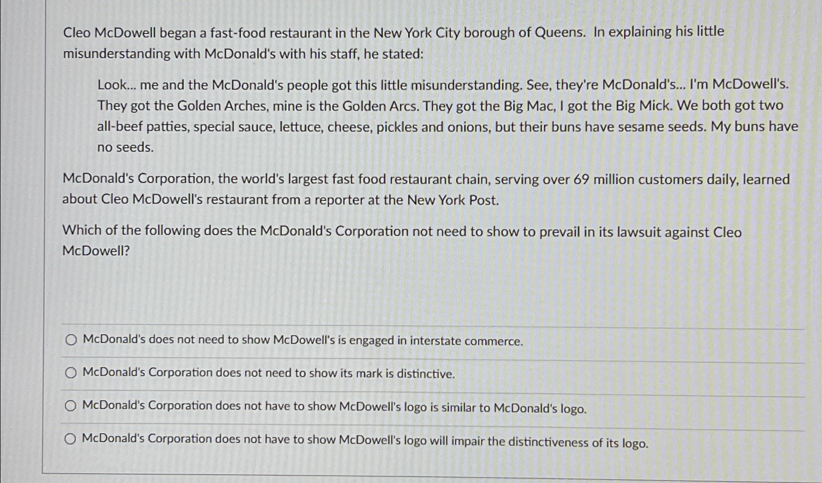 Solved Cleo McDowell began a fast-food restaurant in the New | Chegg.com
