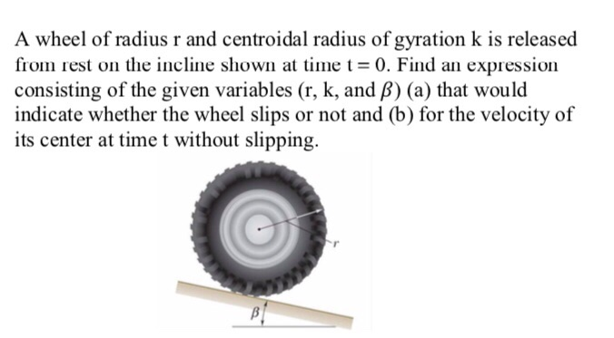 Solved A wheel of radius r and centroidal radius of gyration | Chegg.com