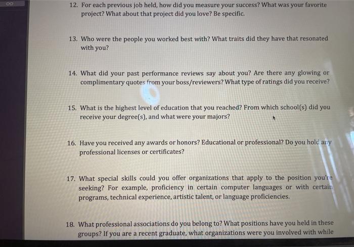 Solved 12. For each previous job held, how did you measure | Chegg.com