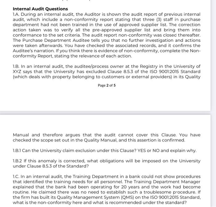 Solved Internal Audit Questions 1.A. During an internal | Chegg.com