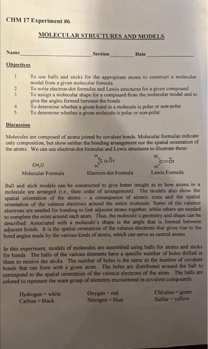 Solved СНМ 17 Experiment 6 Molecular Structures And Models