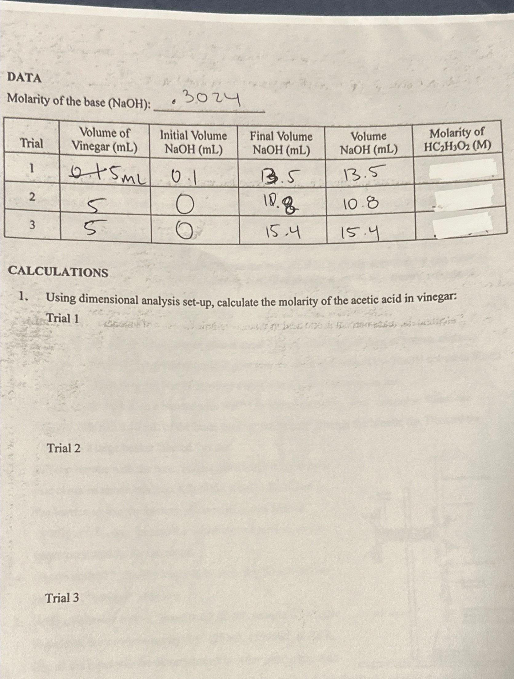 Solved DATAMolarity of the base (NaOH) ﻿: | Chegg.com
