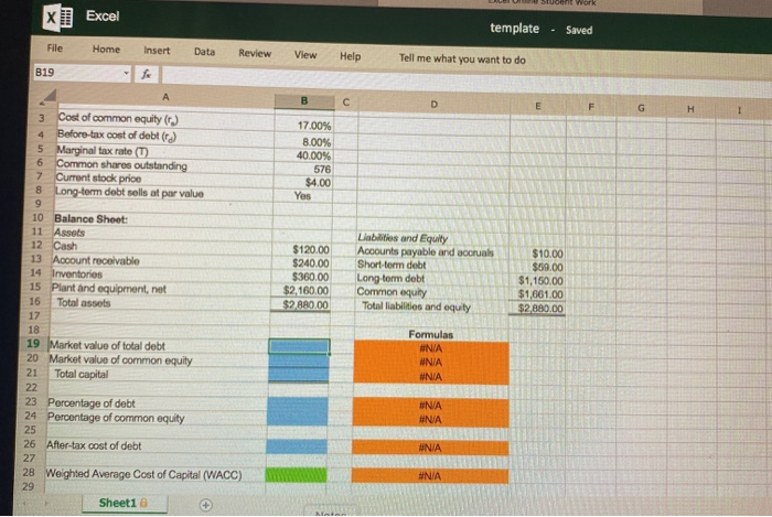 Solved ML Son Work x Excel template - Saved File Home Insert | Chegg.com