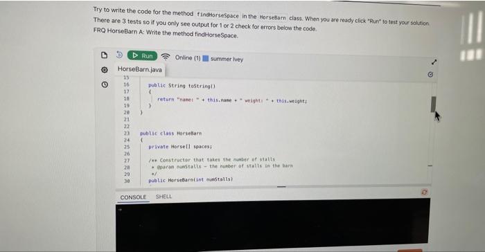 Iry to weine the code for the method tinotarsedpace | Chegg.com