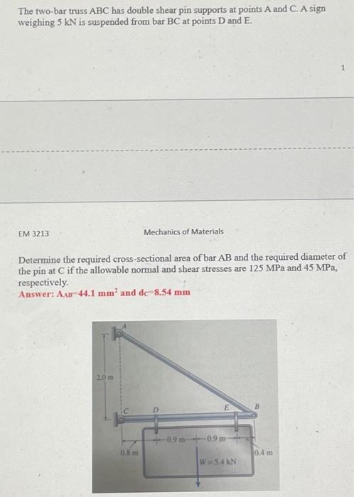 Solved The two-bar truss ABC has double shear pin supports | Chegg.com