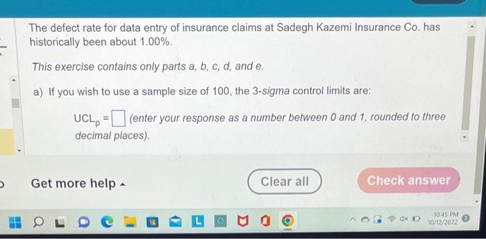 Solved The defect rate for data entry of insurance claims at | Chegg.com