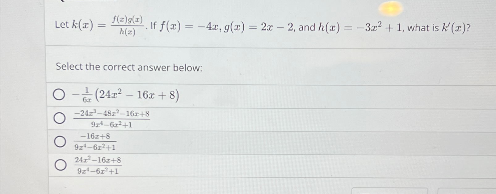 Solved Let k(x)=f(x)g(x)h(x). ﻿If f(x)=-4x,g(x)=2x-2, ﻿and | Chegg.com