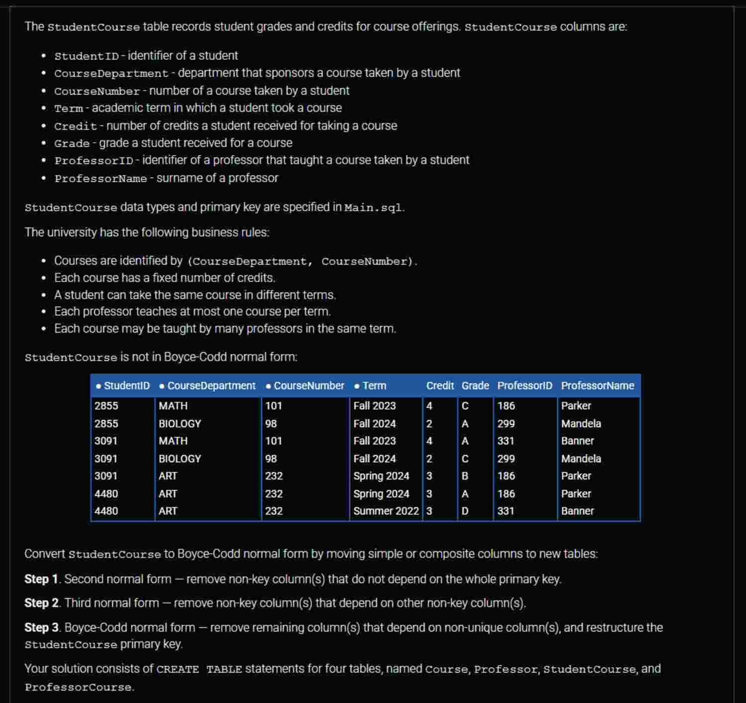 The studentCourse table records student grades and | Chegg.com
