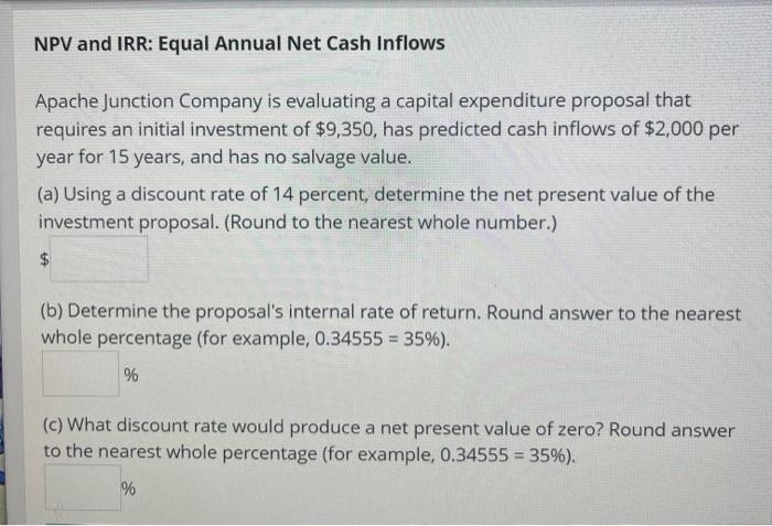 Solved NPV and IRR: Equal Annual Net Cash Inflows Apache | Chegg.com